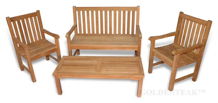 Teak 4ft Block Island Bench & Chair conversation set with Coffee table