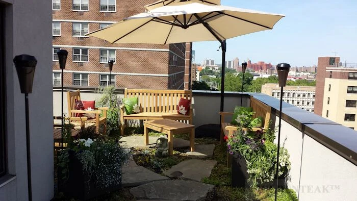 Teak Block Island Bench and Chair set with Coffee Table - rooftop- NYC ...