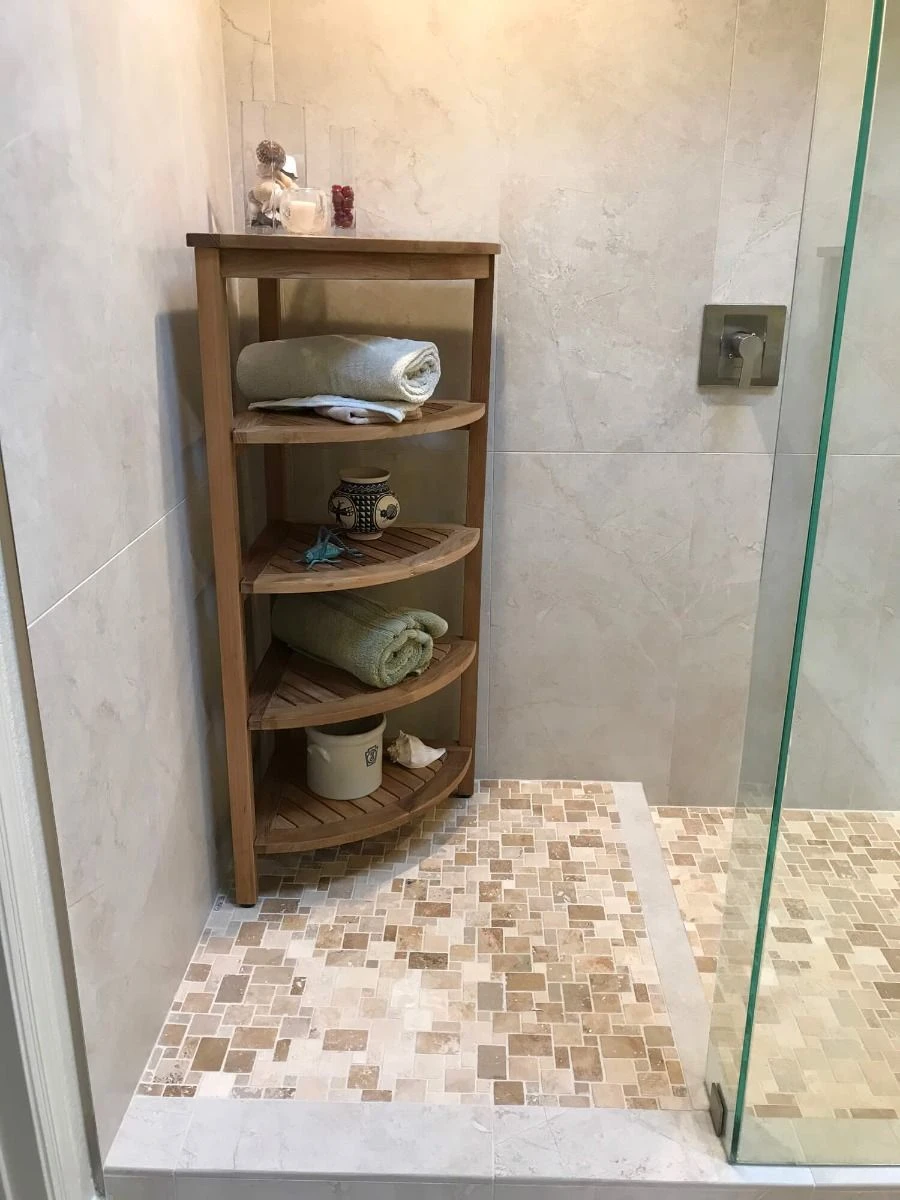 Teak shower shelf store