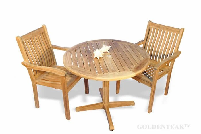 Teak Dining Set for 2 Round Table and 2 stacking chairs